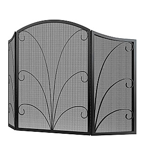 Kingson 3-Panel Arched Fireplace Screen Decorative, Handcrafted Scroll Wrought Iron Fireplace Spark Guard Cover - Black