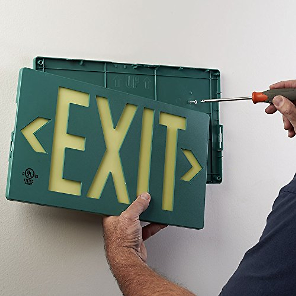 UL Listed 100 Foot Jessup Glo Brite 7040-100-B PF100 Molded Plastic Exit Sign, Single-Sided, 8.75" x 15.5", Green (Mounts 4 Ways, Includes Bracket and Arrows)