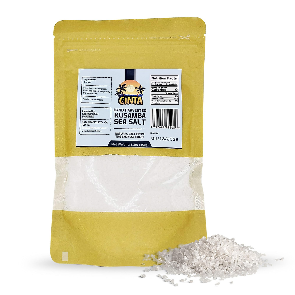 Cinta - Balinese Kusamba Sea Salt, Hand-Harvested Sea Salt from Bali, All-Natural Small Crystal Sea Salt With No Additives or Refining, Natural Salt for Cooking, Snacks, and More, 5.3 oz