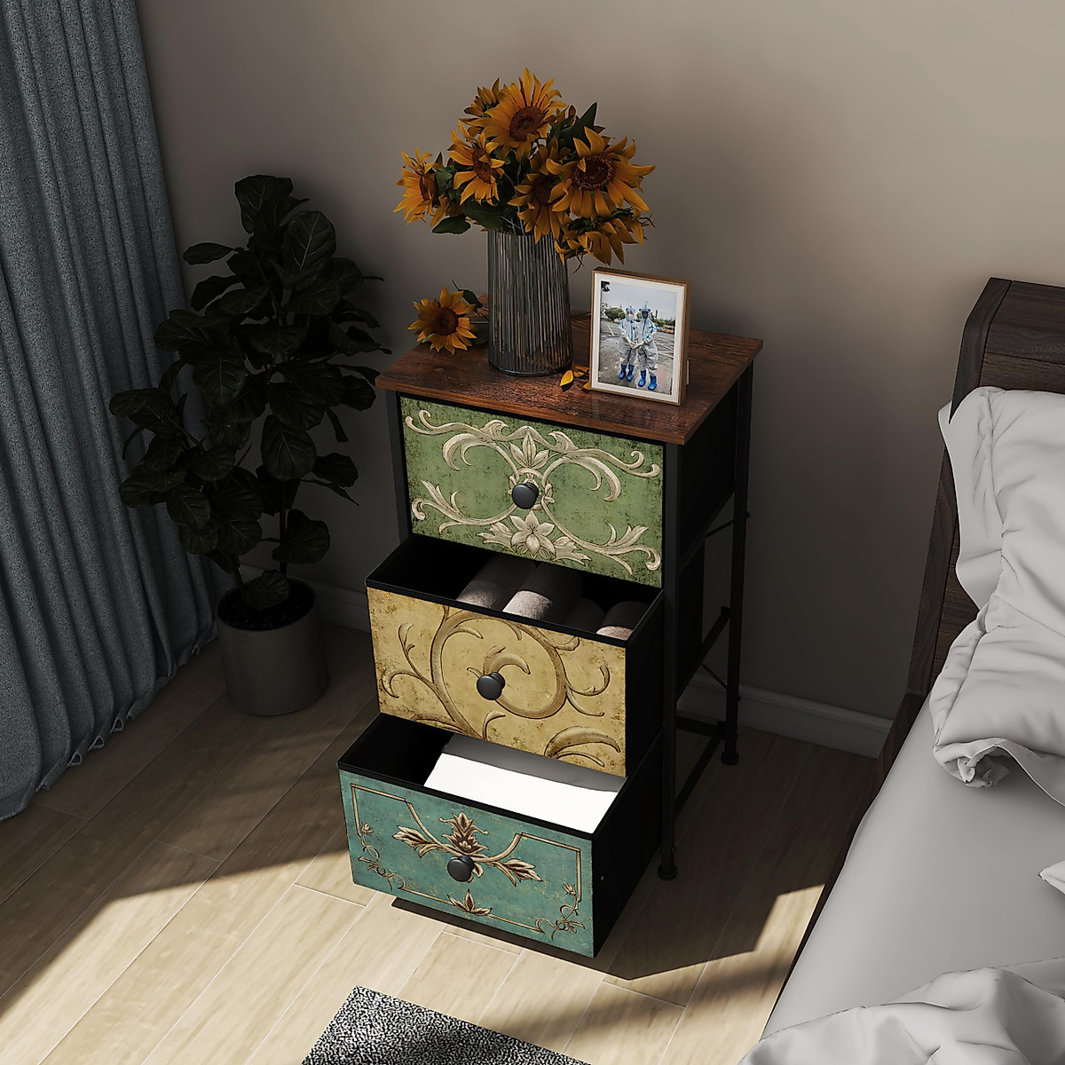 Tohomeor Small Dresser for Bedroom with Retro Flower Narrow Drawers Slim Chest of Drawers Skinny Nightstand Sofa End Table for Living Room Entryway Closet Storage (Multi, 3 Drawers)