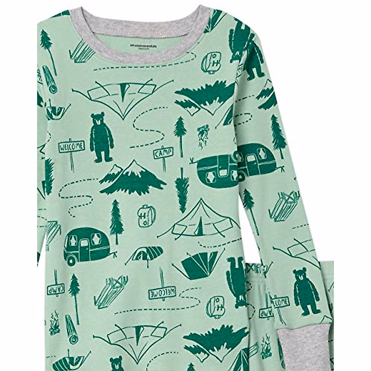 Amazon Essentials Unisex Toddlers' Snug-Fit Cotton Pajama Sleepwear Sets, 4-piece, Bottle Green Polar Bear/Mint Green Happy Camper, 4T