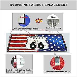 Dulepax RV Awning Fabric Replacement-11'(10'2" Fabric) Heavy Duty 16 oz Vinyl Fabric -Universal Camper Awning Fabric Replacement for All Awning Brands-Photo Graphic Art1:American Flag+Route 66