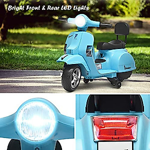 Costzon Kids Vespa Scooter, 6V Battery Powered Ride on Motorcycle w/Training Wheels, Music & Horn, LED Lights, Forward/Reverse, Rechargeable Electric Vehicle Gift for Toddler Boys Girls (Light Blue)