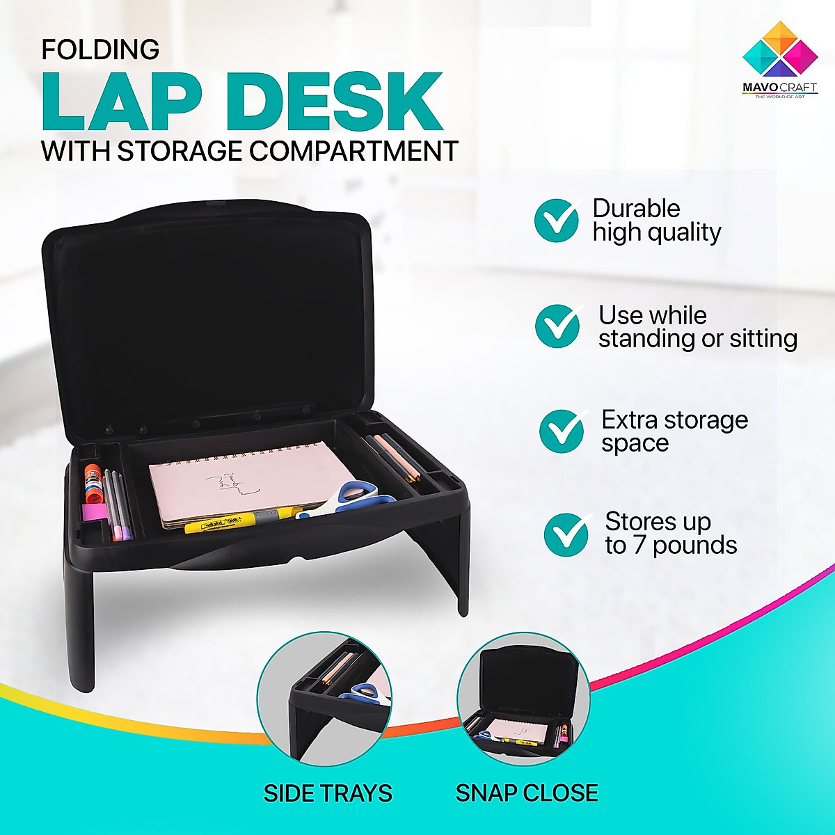 Folding Lap Desk, Laptop Desk, Breakfast Table, Bed Table, Serving Tray - The lapdesk Contains Extra Storage Space and dividers & Folds Very Easy, Great for Kids, Adults, Boys, Girls (Black)