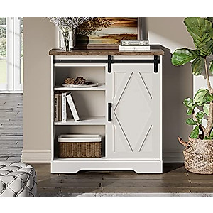 WAMPAT Rusitc Farmhouse Accent Buffet Sideboard Serving Console Cabinet Coffee Bar Entryway Table with Sliding Barn Door, Storage Shelves for Home Kitchen Bathroom, 35 inch, White