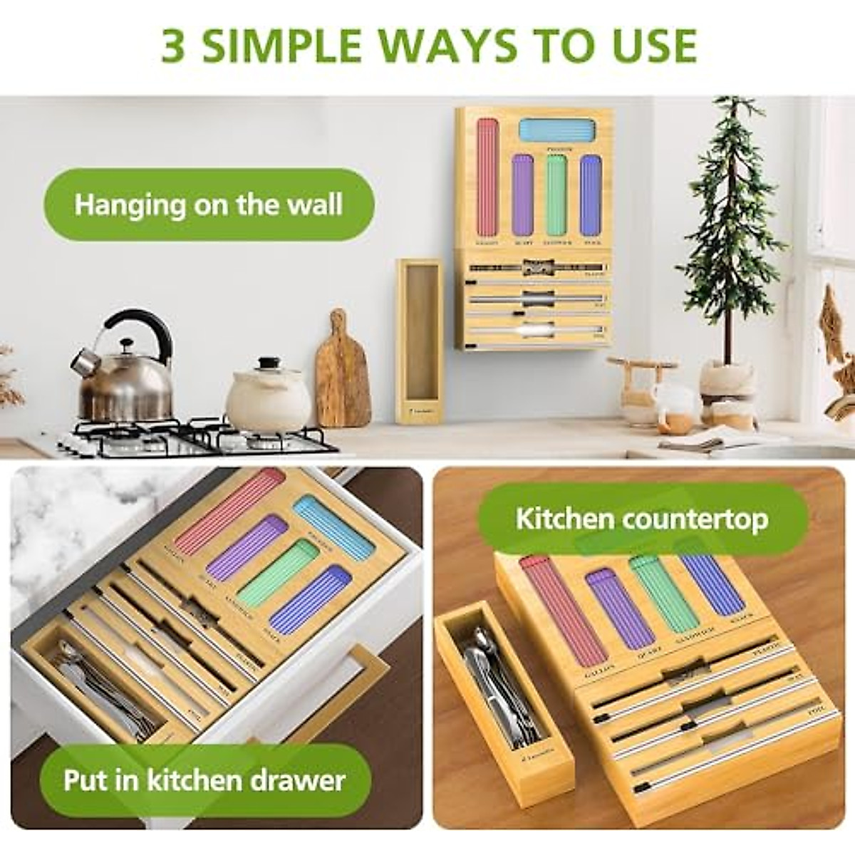 Lawmoliw Bag Storage Organizer for Kitchen Drawer, 9 in 1 Foil and Plastic Wrap Dispenser with Cutter, Bamboo Plastic Bag Food Baggie Organizer for Gallon, Quart, Sandwich, Snack, Freezer