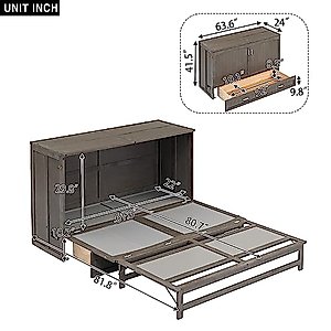 DHHU Murphy Bed Queen Size Cabinet Bed with Built-in Charging Station, Wooden Multipurpose Cabinet Bedframe w/Large Storage Drawer, Save Space Design, No Spring Required Needed