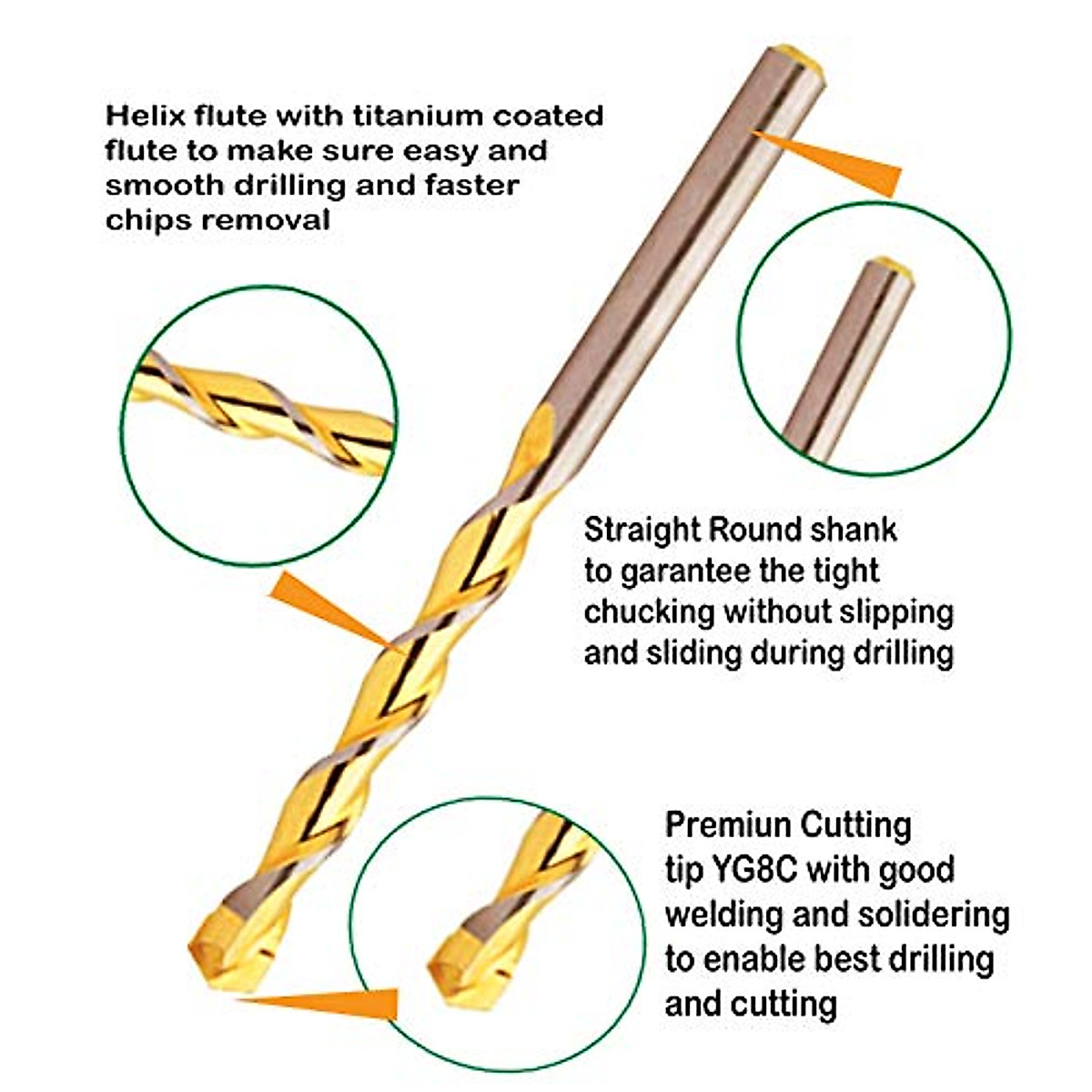 Masonry Drill Bit Set 1/8 in. Carbide Tip Golden Flute Drill Concrete Stone Bricks-20Pcs