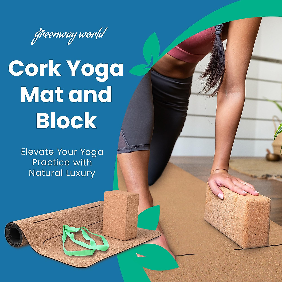 Greenway World - Cork Yoga Mat and Block with Green Strap, Non-Slip Hot Yoga Mat Set, Thick Travel Yoga Mat, Big Yoga Mat for Various Exercises, 72 x 24 inches x 3 mm