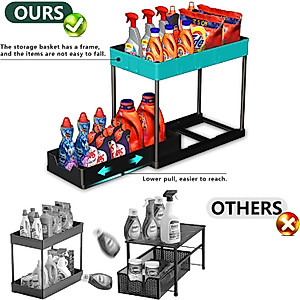 mosala Under Sink Organizers and Storage 2 Pack - 2 Tier Sliding Bathroom Cabinet Organizer with Hooks - Multi-Purpose Under The Sink Organizer Kitchen - Black