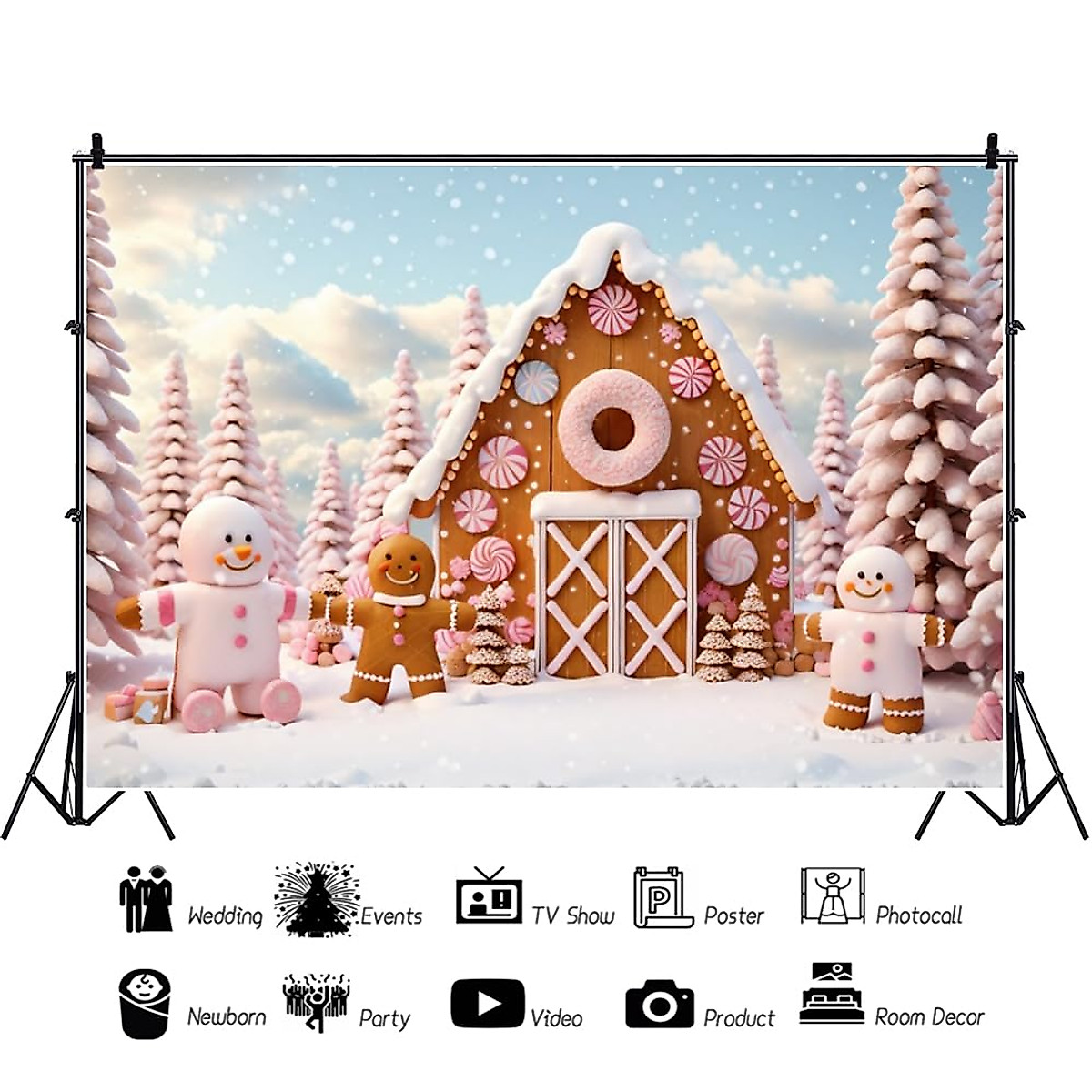 Yeele 10x8ft Christmas Village Photography Backdrop Cartoon Pink Gingerbread Man Cookie House Background Winter Snowfall Forest Scene Kids Family Xmas Party Decor Supplies