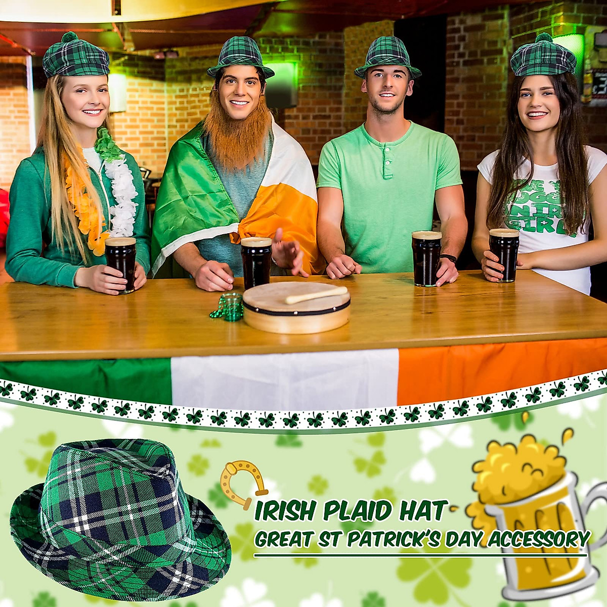 St. Patrick's Day Plaid Fabric Fedora St. Patrick's Day Accessories Green Fedora Women's Berets Hats for Adult (Cute Style)
