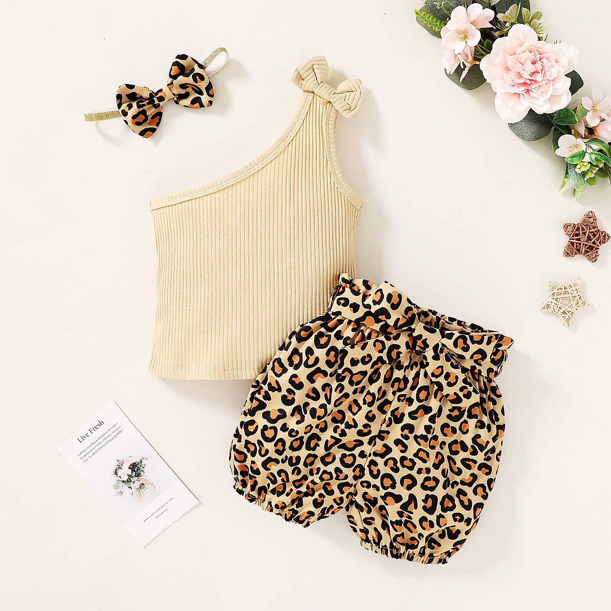 Little MISS Sassy Toddler Baby Girl Summer Clothes Bowknot Off Shoulder Sleeveless Tops + Leopard Shorts Sets with Headband (White, 18-24 Months)
