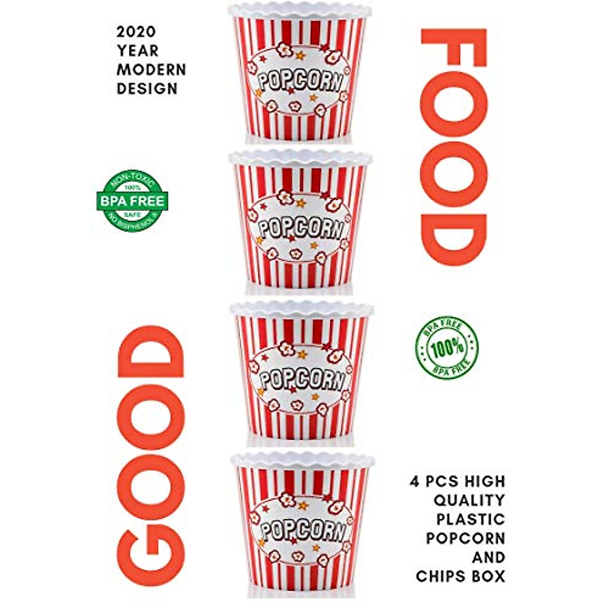 ONONEXPRESS Modern Style Reusable Plastic Popcorn Box/Popcorn Containers/Popcorn Bowls Set for Movie Theater Night - (BPA Free - Red/White 4 Pack-75 oz)