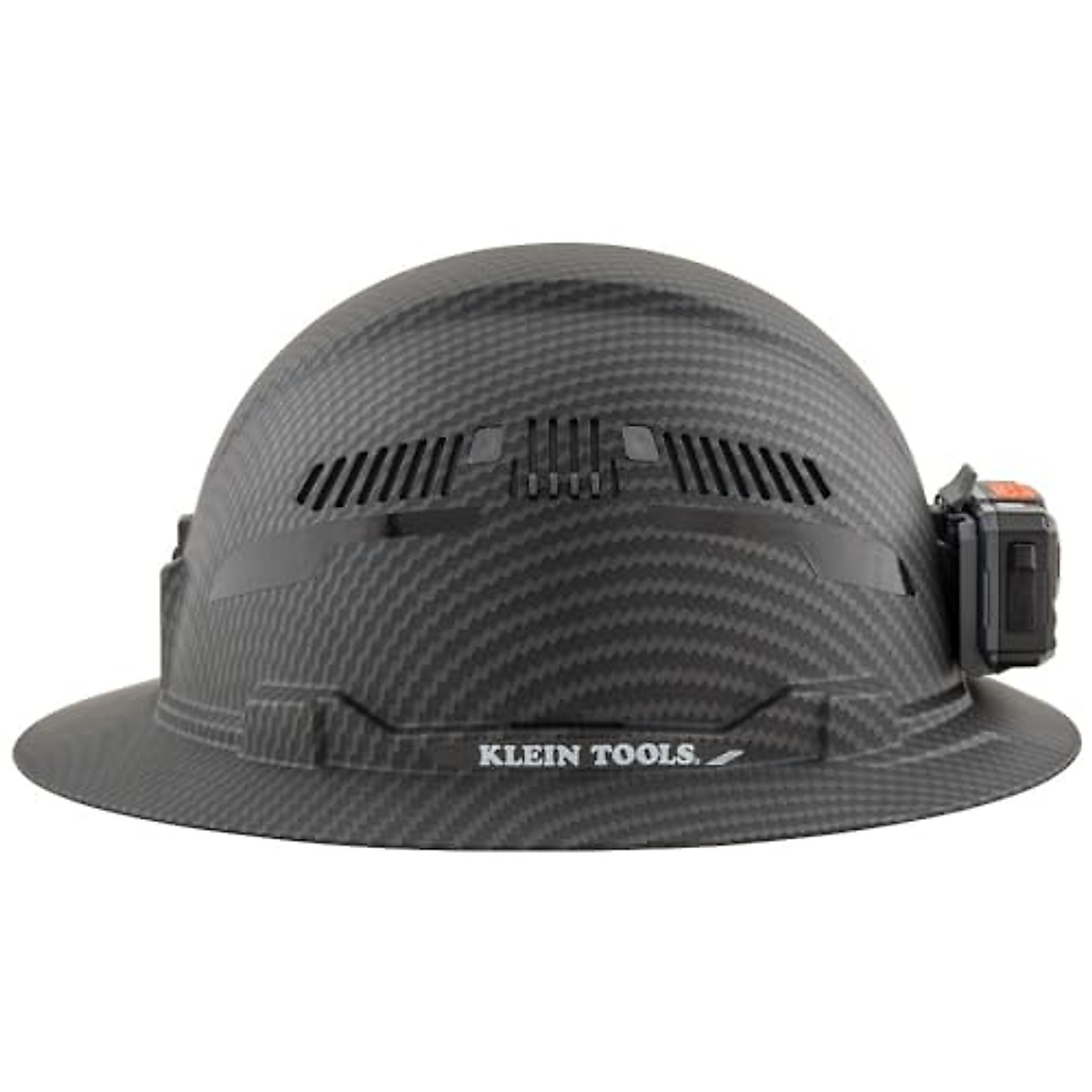 Klein Tools 60347 Hard Hat, Vented Full Brim, Class C, Premium KARBN Pattern, Rechargeable Lamp, Padded Sweat-Wicking Sweatband, Top Pad