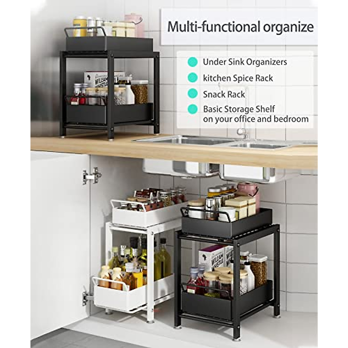 Metal Under Sink Organizers and Storage for Kitchen Undersink Organizers for Bathroom 2 Tier Pull-out Sliding Drawers Undersink Cabinet Organizer with Anti-rust Coating Handles White