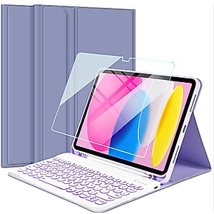 REAL-EAGLE Backlit Keyboard Case for iPad 10th Generation (2022) 10.9 Inch with Screen Protector, 7 Colors Light Wireless Detachable Keyboard with Purple Protective Folio Cover Case