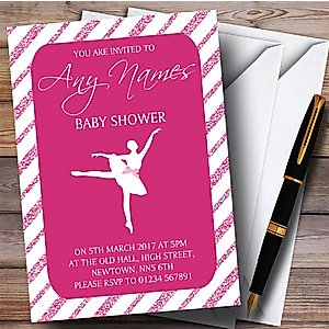 Pink Glitter Stripes Ballerina Ballet Invitations Baby Shower Invitations