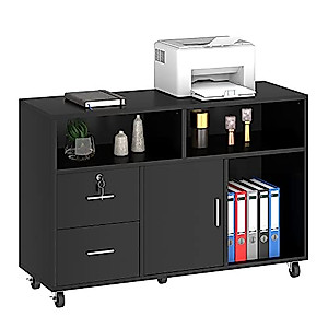 YITAHOME Wood File Cabinet, 2 Drawer Mobile Lateral Storage Cabinet Printer Stand with Lock and Open Storage Shelves for Home Office, Black,Drawers Without Hanging Bars