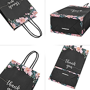 50 Pack Small Black & Floral Thank You Paper Gift Bags with Handles and 24 Sheets Pink Tissue Paper for Small Business, Shopping, Wedding, Baby Shower, Party Favors ( Small 9''x5.5''x3.15'', Black Floral)