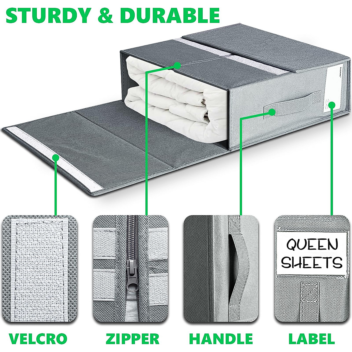 BIORM Bed Sheet Set Organizer 4 Pack, Foldable Storage Box for Queen/King Size Duvet Cover Set, Grey Linen Closet Organizer for Bed Sheets, Duvet Covers and Pillowcases