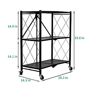 RUIJIAJU 3-Tier Foldable Standing Shelf Units Storage Rack,Metal Heavy Duty Storage Shelf with Wheels
