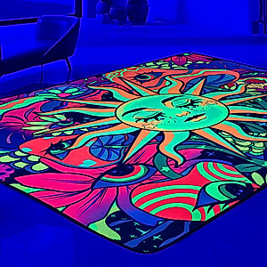 Mushroom Area Rugs - Funny Boho Sun Rug - Psychedelic Colorful Mushroom Rug Hippie Aesthetic Room Decor Carpet Glows Under Black Light Rooms Mat Rugs 60x40 Inch
