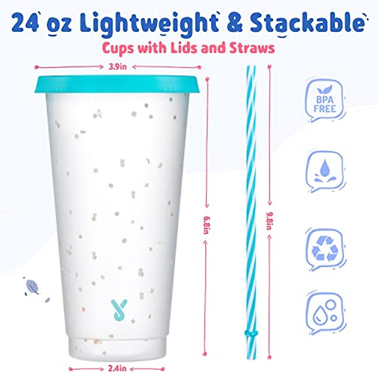 Meoky Color Changing Cups with Lids and Straws - 12 Pack 24oz Reusable Plastic Tumblers for Kids and Adults, Confetti Color Changing Cups for Iced Coffee, Party, Pool