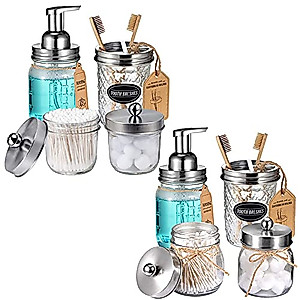 Amolliar 4pcs & 4pcs Brushed Nickel Mason Jar Bathroom Accessories Set - 2 Foaming Soap Dispenser&2 Qtip Holders&2 Cotton Swab Holder&2 Toothbrush Holder-Rustic Farmhouse Decor