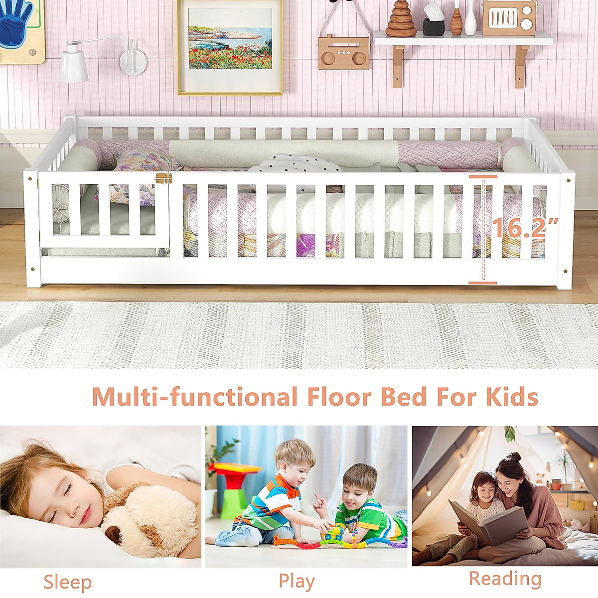 Bellemave Floor Bed for Kids,Twin Size Montessori Floor Bed with Door and Fence,Solid Wood Twin Bed Frame with Removable Slats for Girls Boys,Twin,White
