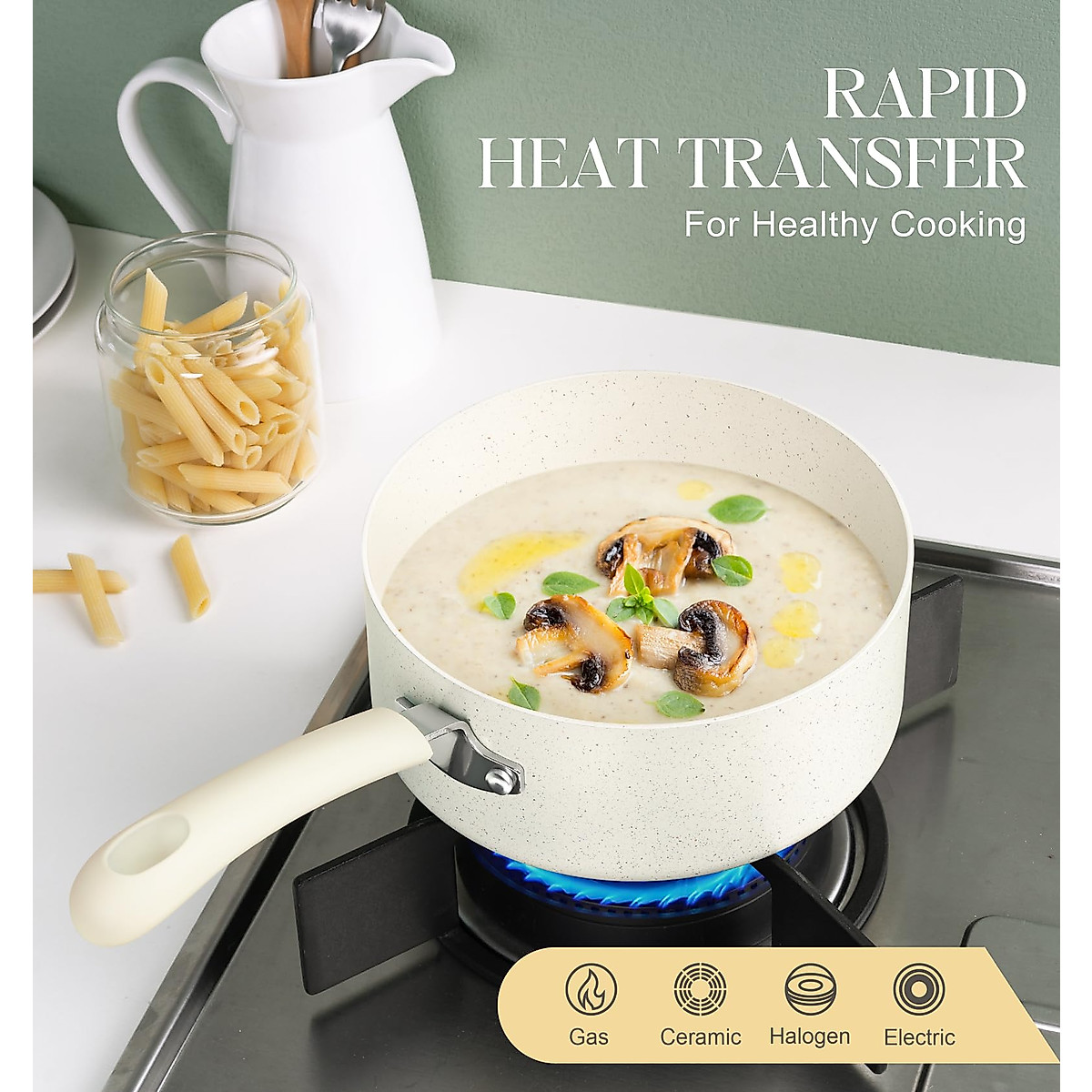 MICHELANGELO Sauce Pan With Lid, Granite Nonstick Saucepans Set, 1QT&2QT&3QT Saucepan With Lid, Multipurpose Cooking Pots, White