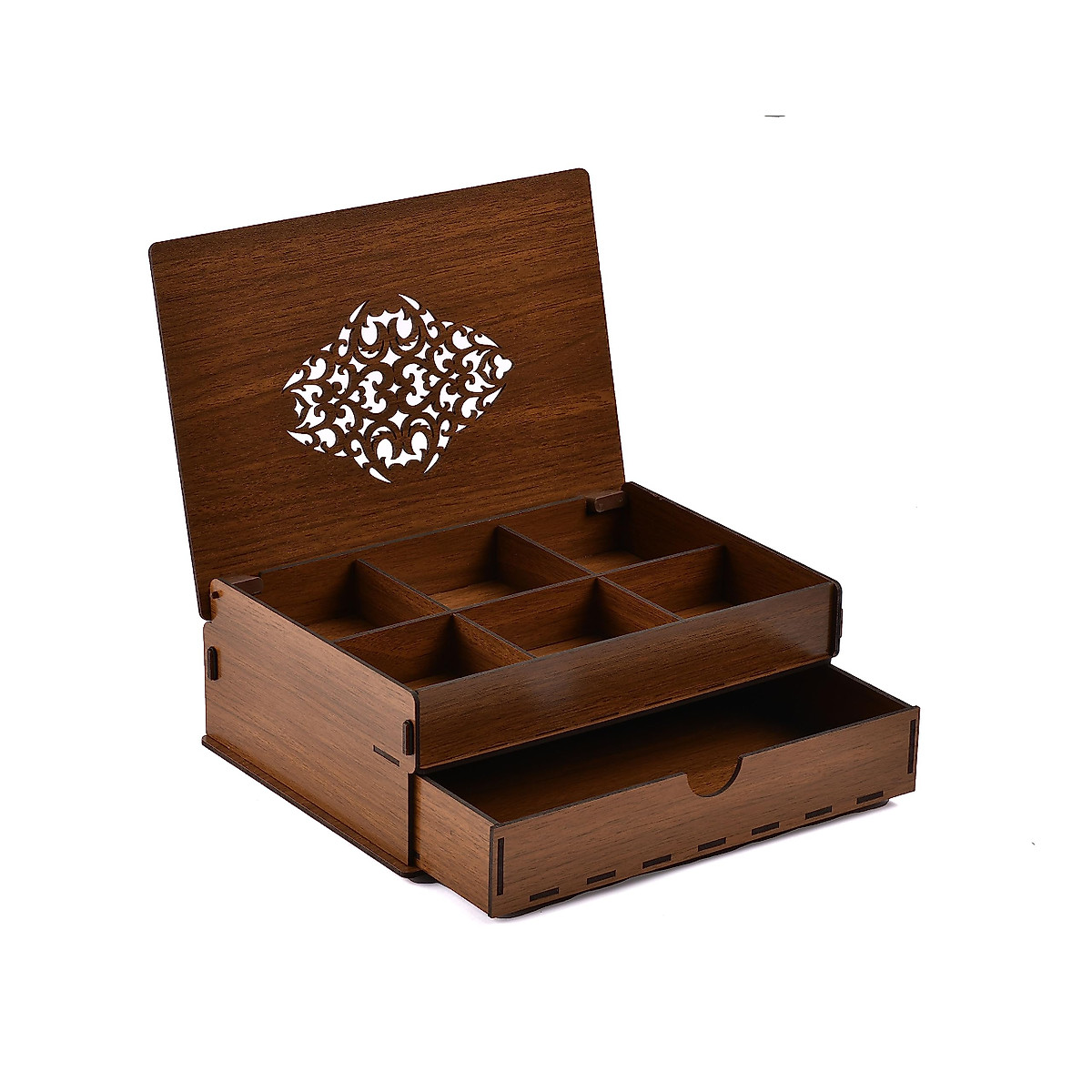 Reynoon Jewelry Box Organizer - Wood (Hard MDF) Jewelry Holder, 2 Layer, 6 Compartment, 1 Drawer Stackable Design, Wooden Jewelry Box Gift, Storage Case for Rings, Earrings, Necklaces, Bracelets