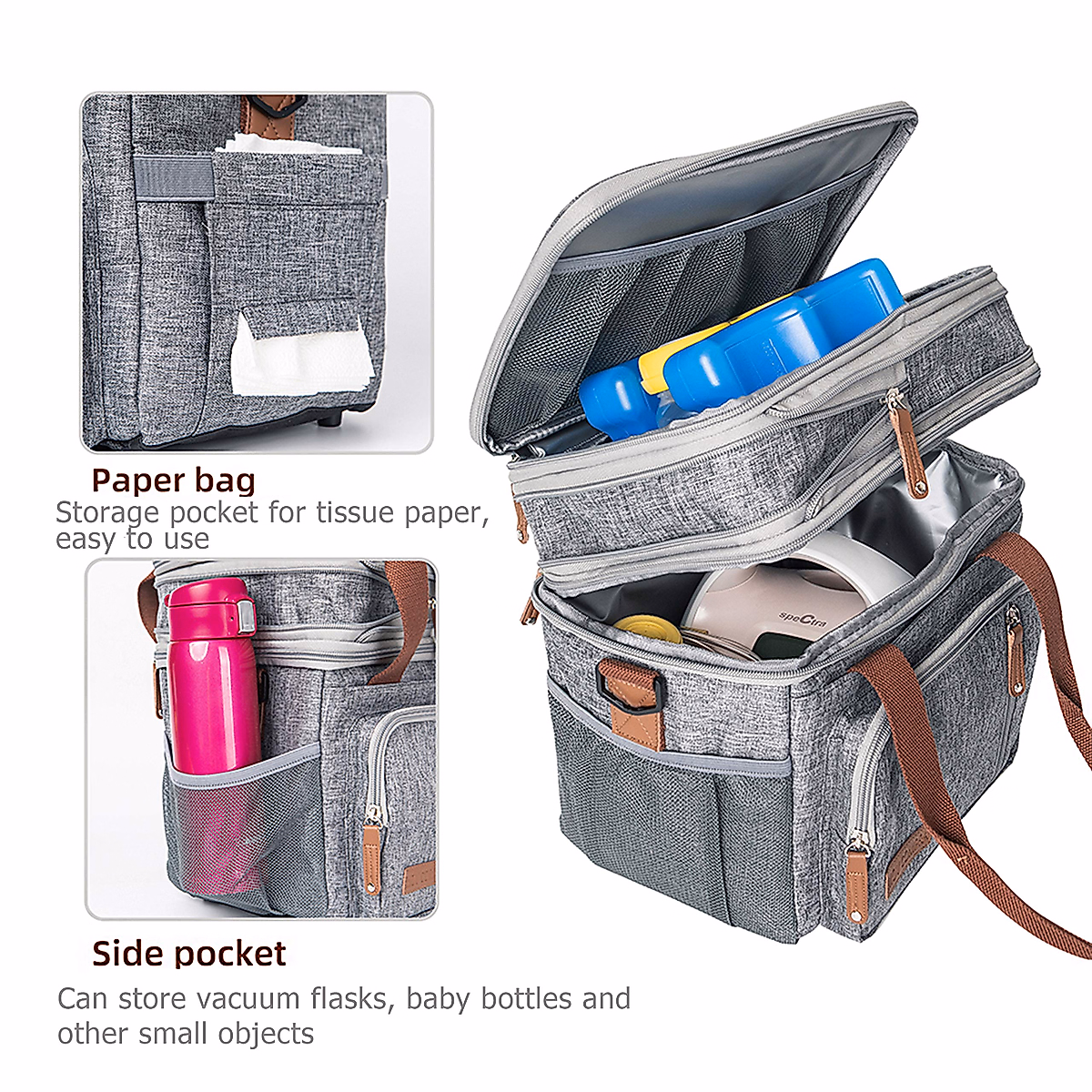 MOV COMPRA Adult Lunch Box for Work, Expandable Large Lunch Bags for Women Men, Leakproof Double Deck Lunch Box Cooler Tote Bag with Removable Shoulder Strap (Grey)