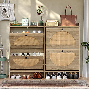 furomate Shoe Rack Storage Cabinet with 2 Natural Semi-Circular Rattan Doors, Entryway Boho Shoe Cabinet for Sneakers, Leather Shoes, High Heels, Slippers, 36.7“ Entryway Furniture