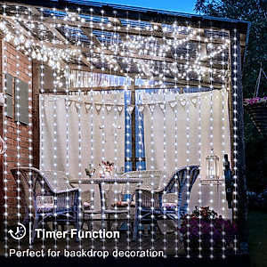 echosari Battery Operated Curtain String Lights, 6.6×6.6ft 200 LED Curtain Lights with Remote 8 Modes Timer Waterproof for Outdoor Indoor Wedding Backdrops Bedroom (Cool White)