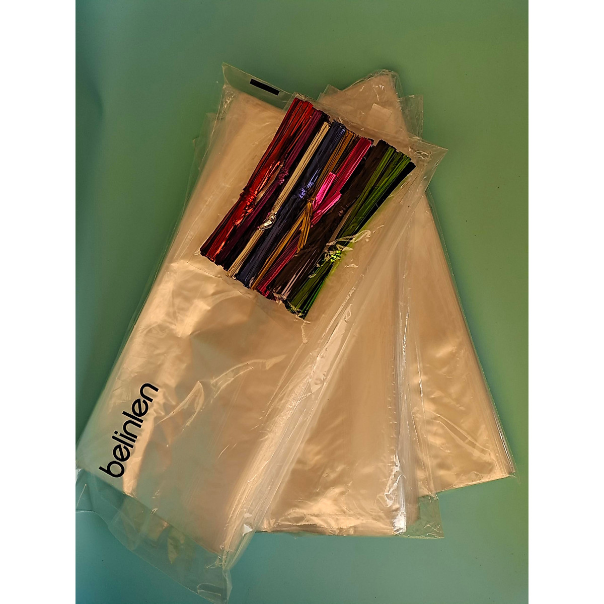 Belinlen 300 Pack 4” x 9” Treat Bags Plastic Poly Bags - Side Gusset- Cookie Bags Multi-purpose Plastic Gift Bag Coming With 300 Colorful Twist Ties