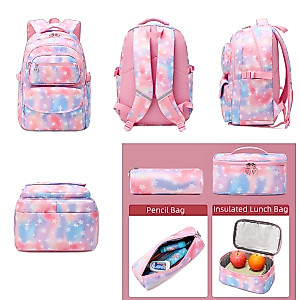 Kids Backpack with Lunch Box, Backpack for Girls, Lightweight Elementary Bookbags Middle-School Backpacks Set, Cute Star-print Schoolbag