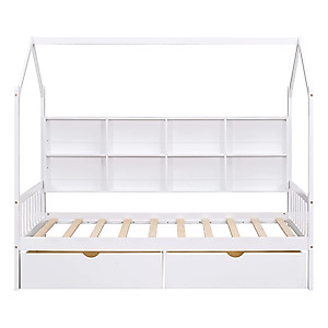 Twin House Bed with 2 Drawers and Storage Shelves, Montessori Bed, Twin Platform Bed Frame with Roof, Tent Bed, Solid Wood Playhouse Bed for Kids Teens Girls Boys (Twin, White)