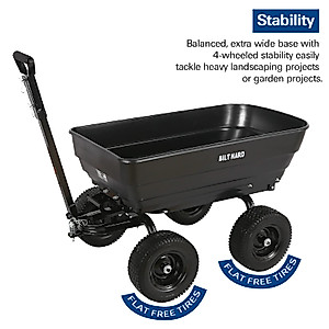 BILT HARD 7 Cu.Ft. 13" No-Flat Tires Poly Yard Dump Cart with 2-in-1 Convertible Handle, 1200 lbs Capacity Heavy Duty Lawn Tractor Cart