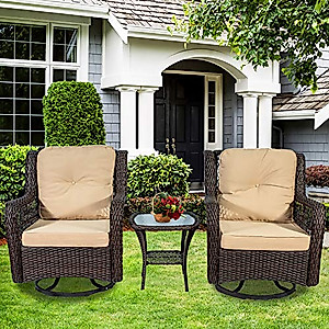 ZyduzscAC Wow Direct 3 Pieces Swivel Rocking Wicker Patio Furniture Bistro Set, Outdoor and Indoor Rocking Chair Set, 4.7" Beige Cushioned 2 Swivel Rocking Patio Chairs and 1 Glass Side Table