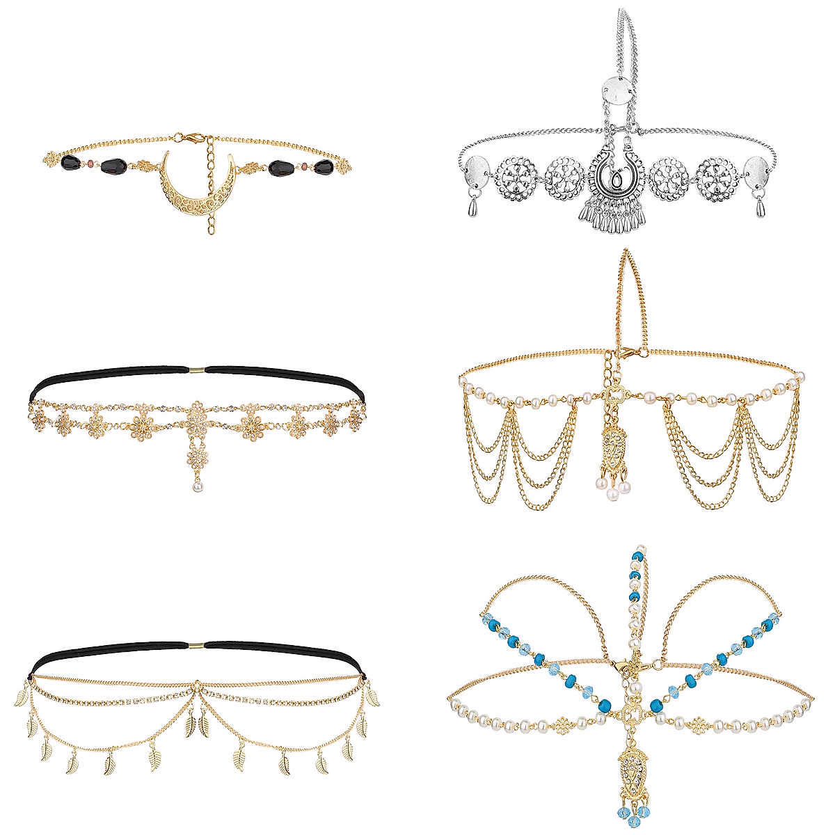 LOYALLOOK 6PCS Gold Head Chain Jewelry Boho Headband Head Chain Coins Crystal Moon Tassel Chain Hair Band Bridal Wedding Halloween Hair Headpiece for Women A