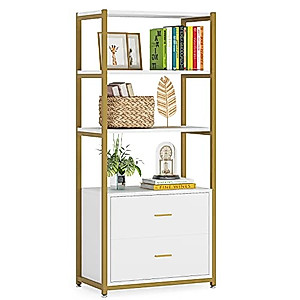 Tribesigns Bookcase, 4-Tier Bookshelf with 2 Drawers, Etagere Standard Book Shelves Display Shelf for Home Office (Gold/White)