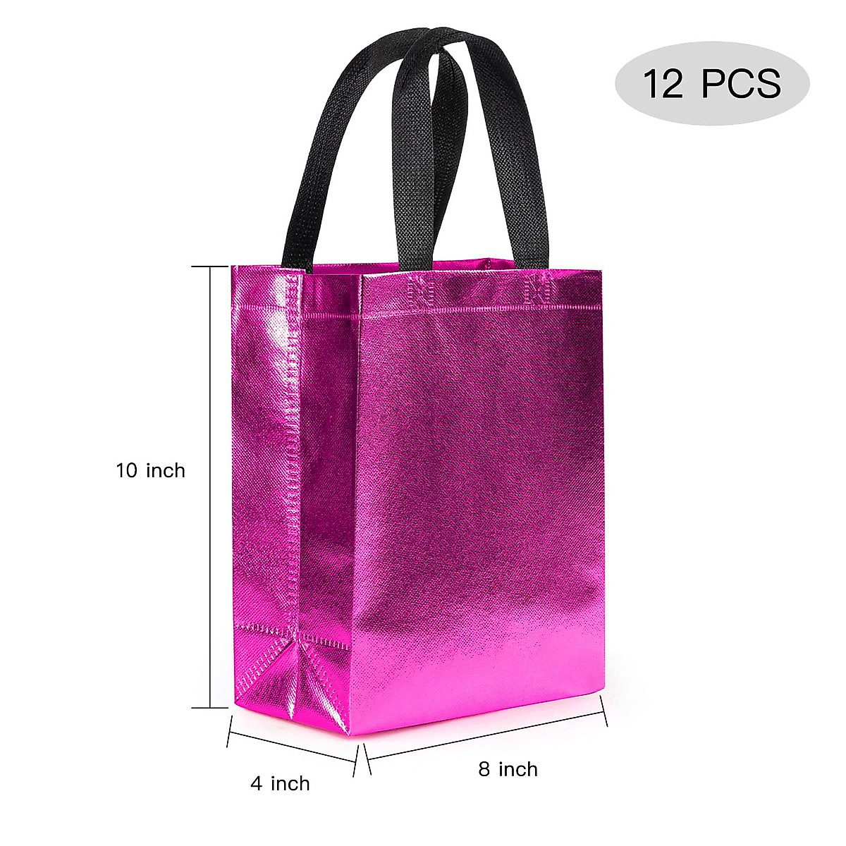WRAPAHOLIC 12 Pack Reusable Hot Pink Gift Bag with Handles - Medium Size 8 x 4 x 10 inch - Perfect for Baby Gift Bags, Shopping Bag, Goodie Bags, Party Favor Bags