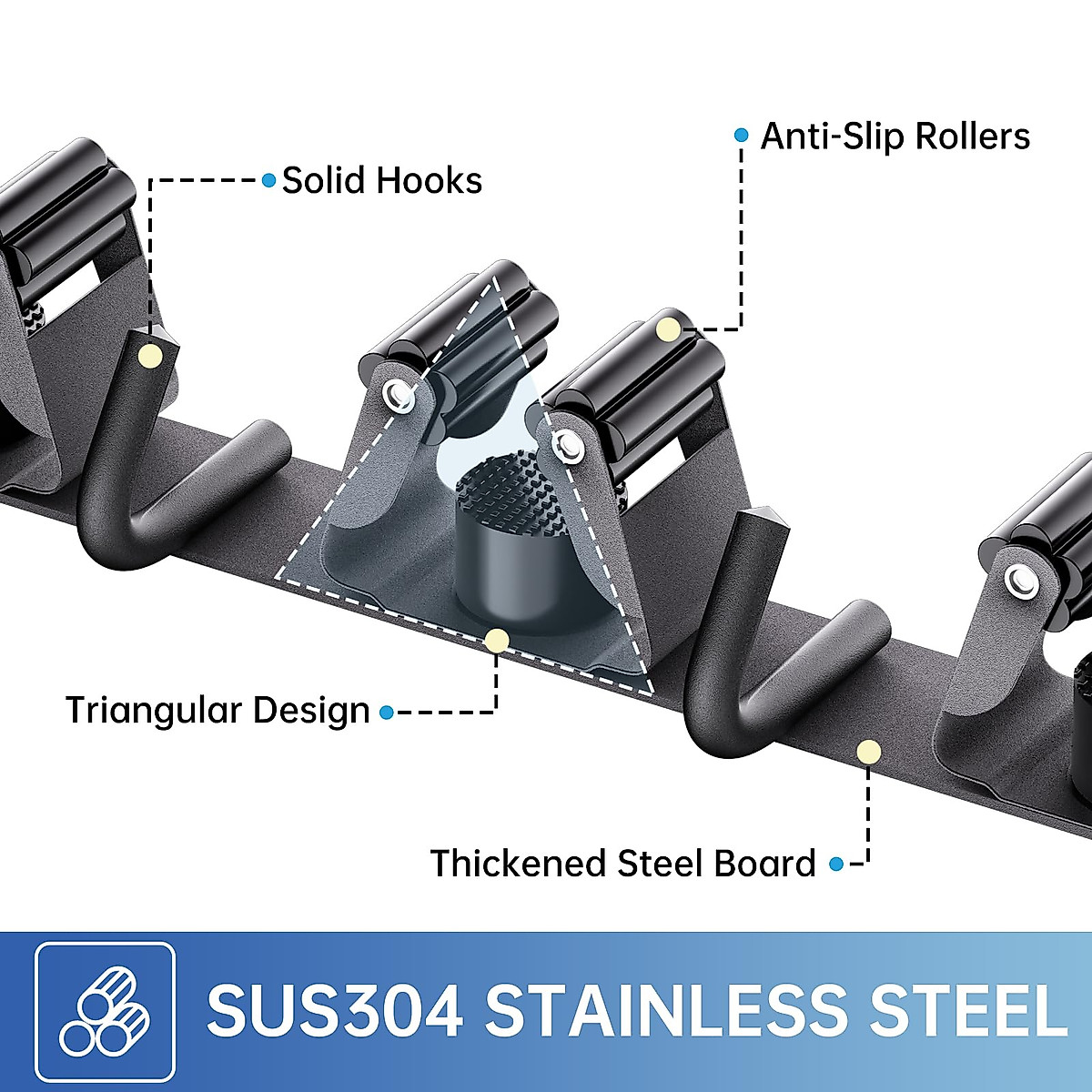 ZONGOOL 2 Pack Broom Holder Wall Mount, 4 Racks and 5 Hooks Mop Hanger Wall Mount Broom Organizer Stainless Steel Heavy Duty Garage Tool Racks for Home Kitchen Garden Laundry (Black)