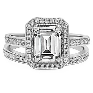 Dazzlingrock Collection Emerald Shape & Round White Cubic Zirconia Halo Engagement Ring in 10K White Gold, Size 7
