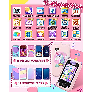 Joozfee Kids Smart Phone for Girls Unicorns Gifts for Girls Toys 8-10 Years Old Phone Touchscreen Learning Toy Christmas Birthday Gifts for 3 4 5 6 7 8 9 Year Old Girls with 8G SD Card (Unicorns)