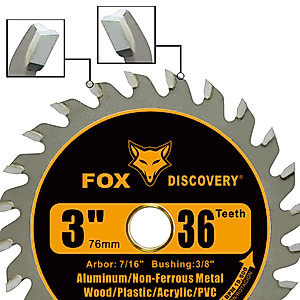 Fox Discovery 3 Inch 36T Circular Saw Blade Compatible with Dremel Saw-MAX, DeWalt, RotoZip Saws, Rigid 3" Multi-Material Saw, Cuts for Woods, Plastic, PCV, Acrylic, Aluminum, 7/16" Arbor - 3 Pack