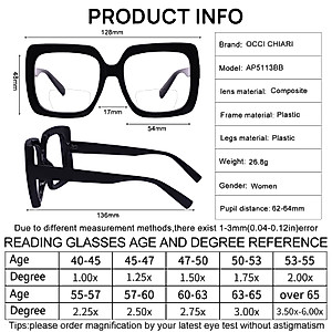 OCCI CHIARI Oversized Reading Glasses for Women 2.5 Bifocal Readers with Blue Light 1.0 1.25 1.5 1.75 2.0 2.25 2.5 2.75 3.0 3.5 (Black,2.50)