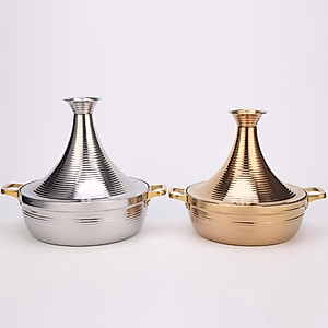 Hgjgwqh Moroccan Tagine Cooking Pot, 304 Stainless Steel Non Stick Tagine Pot with Cone-Shaped Closed Lid Large Moroccan Cooker Handmade Stovetop Pot,Gold,27cm