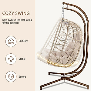 NICESOUL® Indoor Outdoor 2 Person Egg Chair Double Swing Chair with Stand Large Cream Wicker Patio Twins Basket Hanging Egg Chair with Cover 510lbs Capacity for Bedroom Balcony Oversized